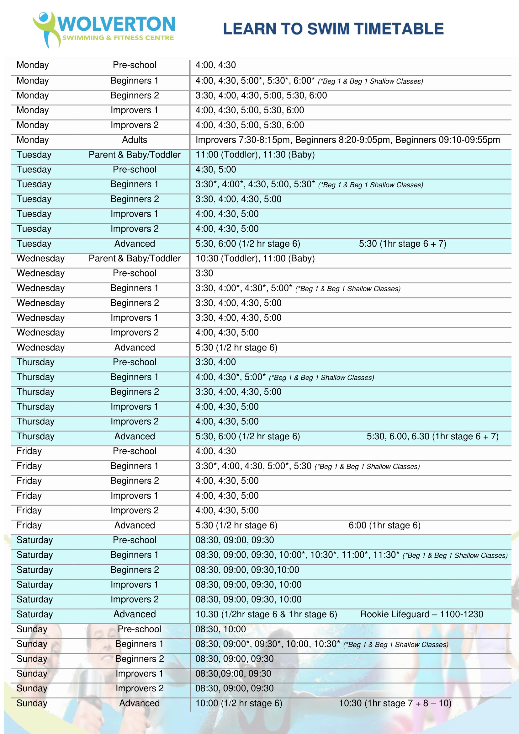 Swimming Lesson Timetable - Wolverton Swimming & Fitness Centre